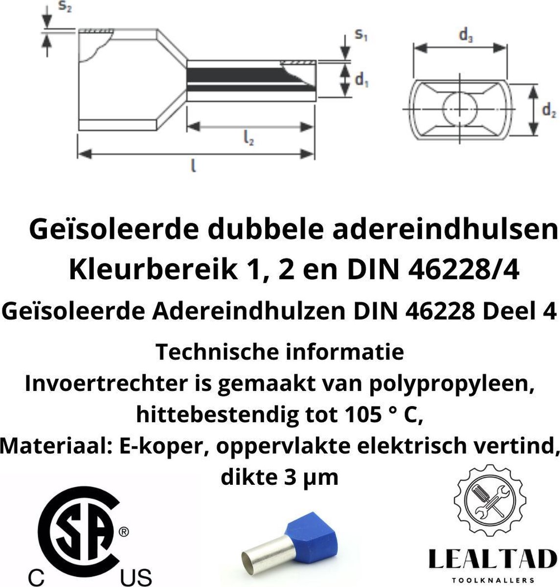 Adereindhuls dubbel 1,5 mm² x 8 mm zwart 100 stuks | Ferrule ...