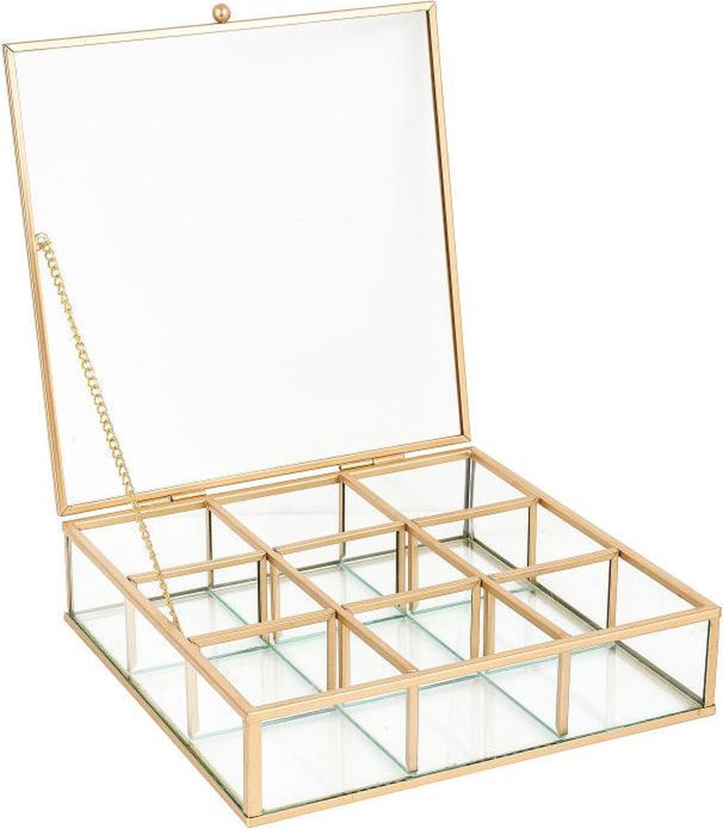 Theedoos goud - 9 vakjes - metaal en glas - 20 x 20 x 5cm ...