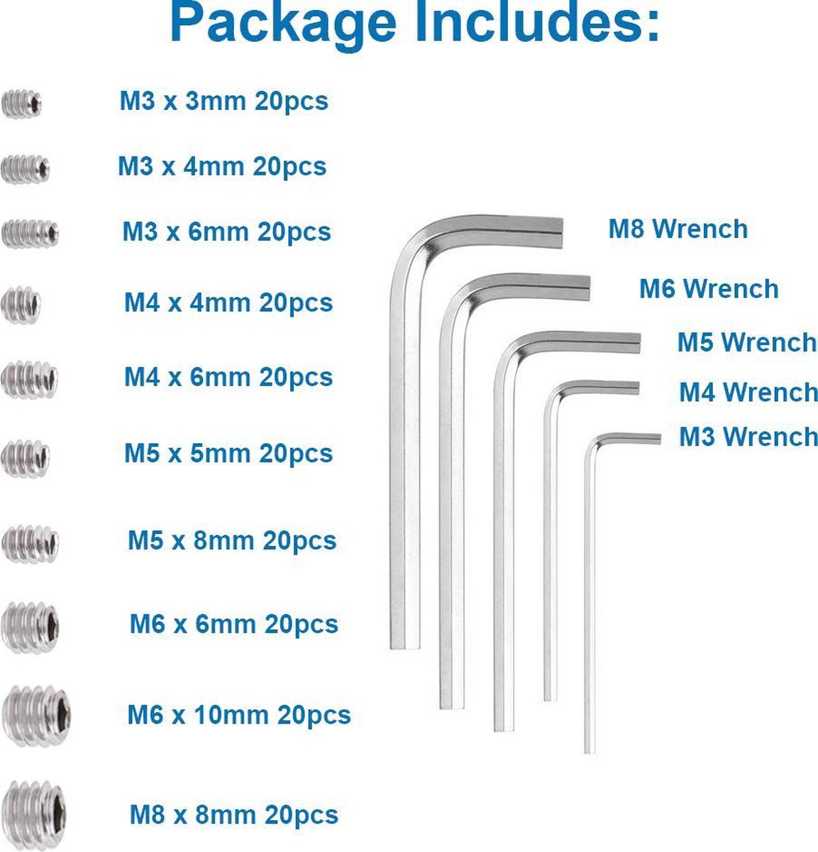 MMOBIEL 200 st. DIN916 Roestvrij stalen M3 M4 M5 M6 M8 Inbussleutel ...
