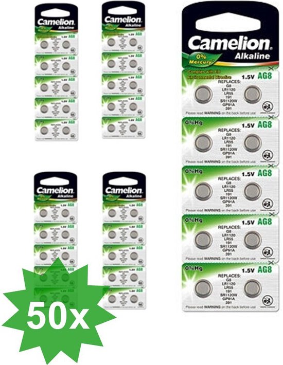 Camelion AG8 G8 LR55 391 LR1120 1.5V Alkaline knoopcel batterij - 50 Stuks (5 Blisters... | bol