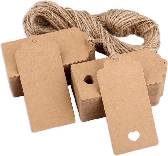 100x Kraft Karton Labels - Met 100 Jute Touw - Cadeaulabels - 9.5 x 4.5 ...