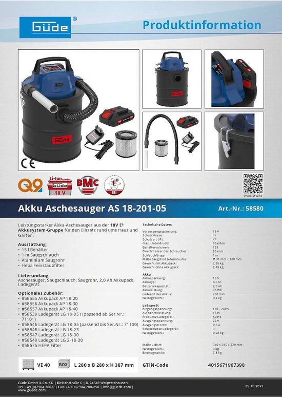 Accu aszuiger 18V maximaal 80 mbar onderdruk 1 meter slang 15 liter ...