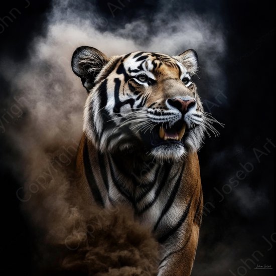 JJ-Art (Glas) 80x80 | Tijger in rook, stof, in geschilderde stijl ...