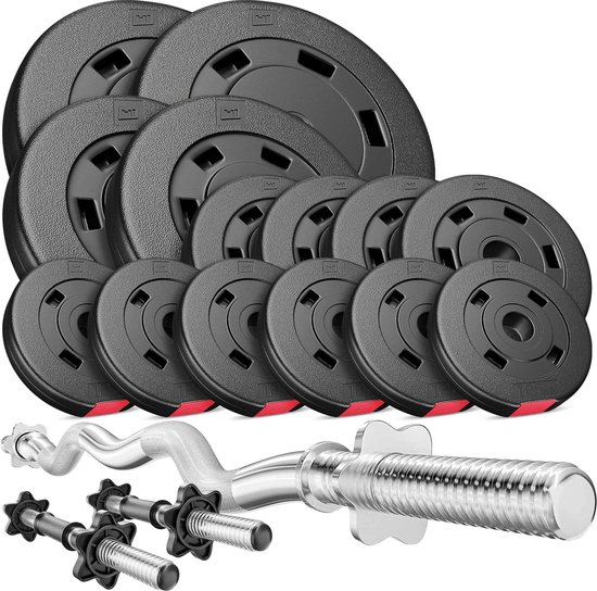 Hop-Sport Gietijzeren Halterset 56 kg, met Curlstang, 2 Korte Halters ...