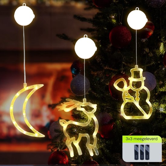 Kerstverlichting Raam Sneeuwpop met Bezem + Maan + Rendier - ø18cm ...