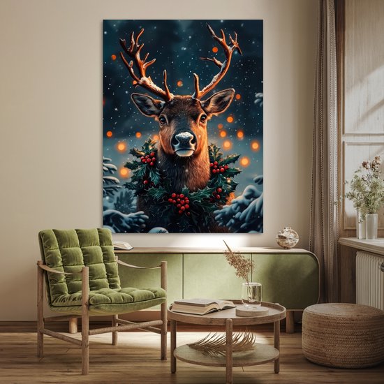 Poster 120x160 cm - Hert - Kerst - Winter - Sneeuw - Kerstkrans ...