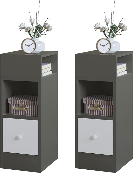 Smal Nachtkastje met 2 Vakken en Lade - Ruimtebesparend Meubel voor ...