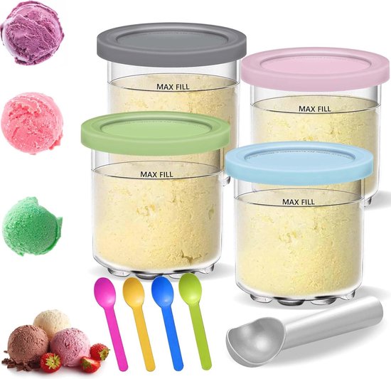 IJsreservoir met kleurrijke lepel - 4 stuks + ijsschep voor zelfgemaakt ...