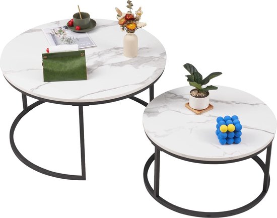 Ronde Salontafel Set van 2 - Modern Witte Marmeren Tafel met Zwart ...