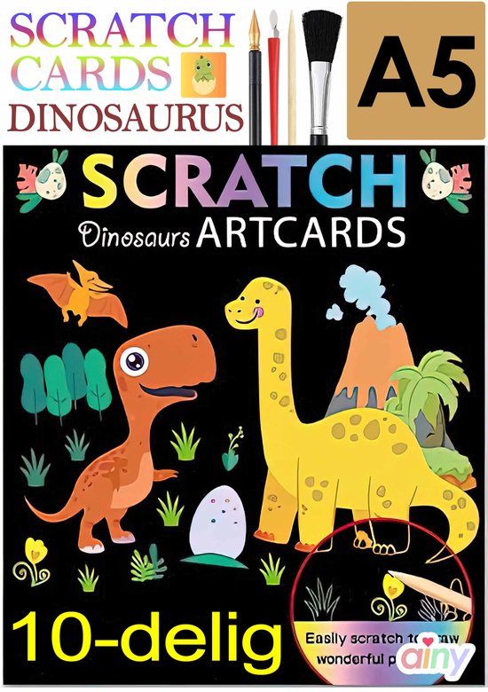 Ainy - Scratch Art Dino | 9 krastekening incl. scratch pen | Kras ...