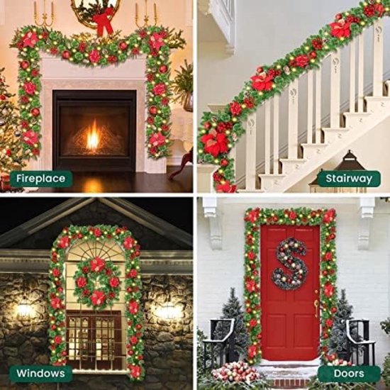 Kerstslinger, kunstdennenslinger, 2,7 M met LED-verlichting, Kerstkrans ...