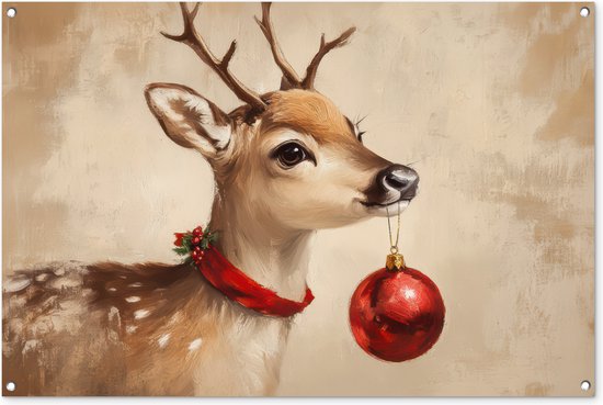 Tuinposter 120x80 cm - Tuindecoratie Kerst - Hert - Gewei - Kerstbal - Rendier -... | bol