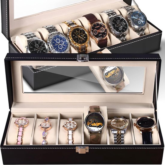 Watch Box for 6 Watches - Velvet Cushion Storage Box with Large ...