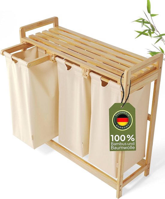 Wasmand beige – 3 vakken met plank voor vuile was – 90L bamboe ...