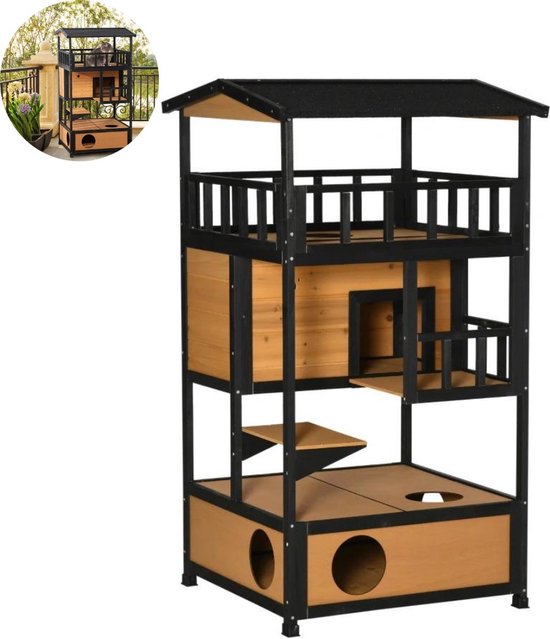 Kattenhuis voor buiten - Hok - Kooi - Bench - Ren - 3 verdiepingen ...