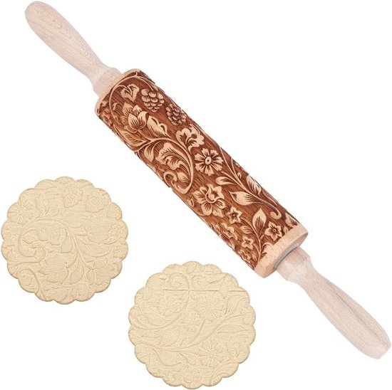 Houten deegroller met bloemen reliëf - 35 cm - perfect voor koekjes | bol