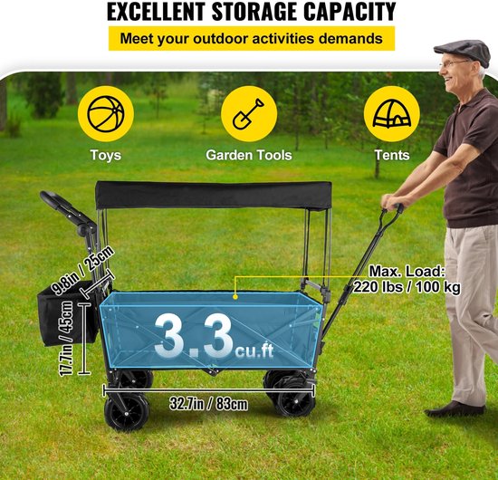 Opvouwbare Bolderkar - Met Dak - Bolderwagen - Verstelbare Handgreep - Max 100 kg -... | bol