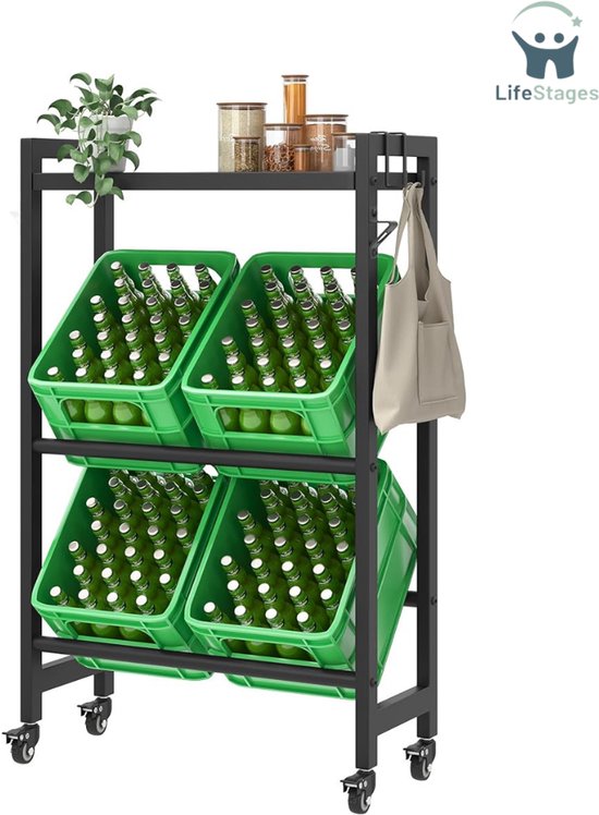 LifeStages - Krattenrek - 4 Kratten Met Legplank & Industriële Wielen ...