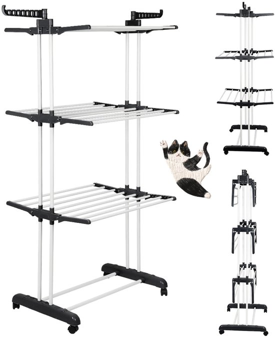 HUOLE Droogrek met 4 wielen, 3 planken, stabiele wasdroger, toren ...