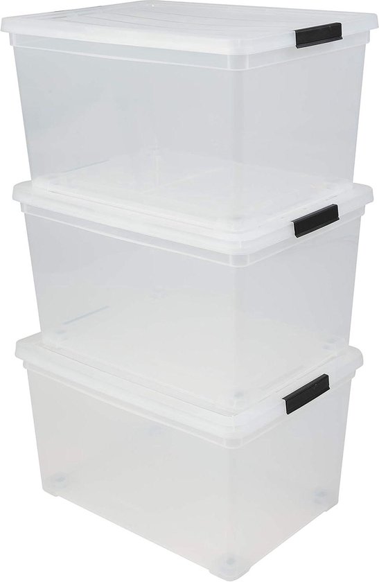 Plastic opbergdozen met deksel - stapelbaar - 3 stuks - helder - 50L | bol