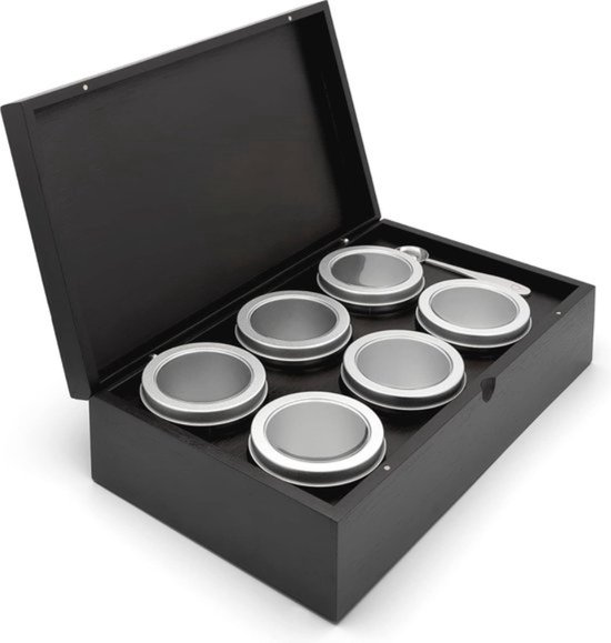 Houten theedoos met 6 blikjes voor losse thee en maatlepels - 35,5 x 20 ...