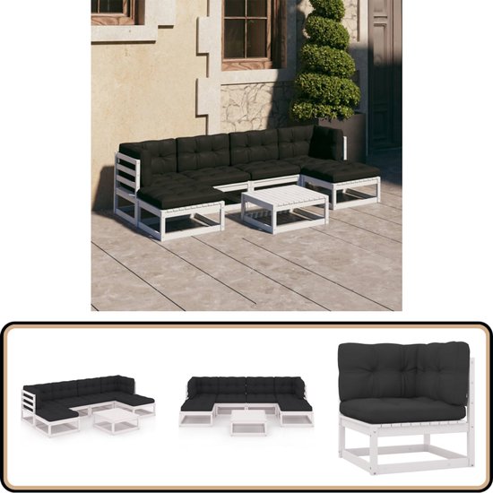 vidaXL Loungeset - 7-delig - Grenenhout - Wit Tuinstoel - Lounge Set ...