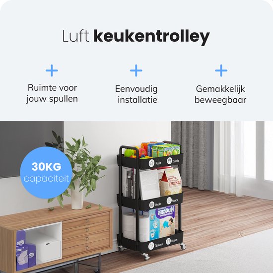 Keuken trolley op Wieltjes - 3 laags - Rek - Serveer - Wagen - Kastje ...