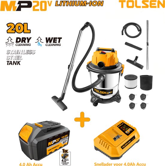 Tolsen Stofzuiger op Accu - 20V Li-ion - Nat-/droogzuiger - 150W - 20 ...