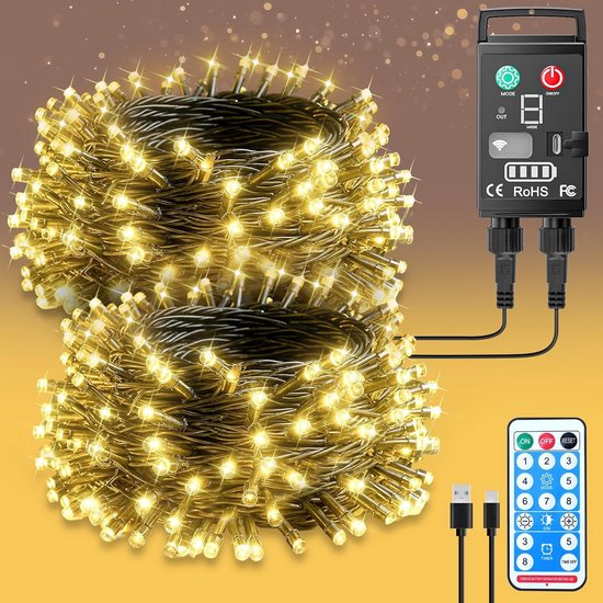 20 Meter LED Slingsnoer met 200 Lichten - Oplaadbaar, Waterdicht & 8 ...