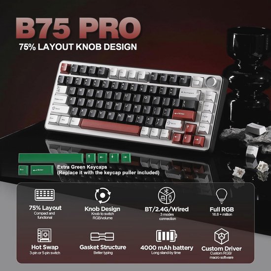 Draadloos Mechanisch Toetsenbord 75% Layout met RGB Verlichting en Hot ...