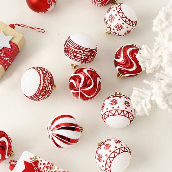 Kerstballenset, 16 elegante witte en rode kerstballen in verschillende ...