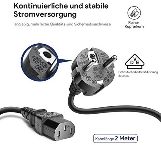 3-polige stroomkabel voor pc en monitor - 2 meter geaarde stekker type ...