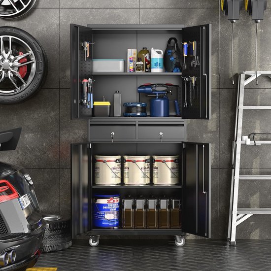 Metalen Garage Opbergkast 180,3 cm met Haken, Pegboards en Verstelbare ...