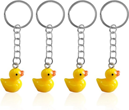 Set van 4 schattige kleine gele eend sleutelhangers, decoratieve ...