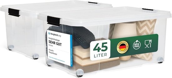 Grote stapelbare opbergdozen met deksel en wielen, 45 liter, set van 2 ...