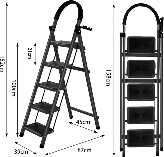 Inklapbare Steiger Ladder met 5 Treden, Stevig Staal, Antislip, 150 kg ...