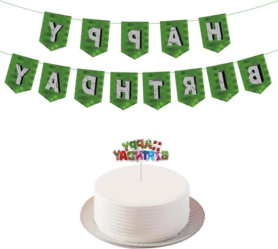 Happy Birthday Banner & Cake Topper voor Pixel Miner Thema ...