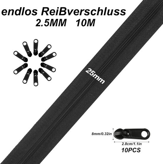 TRANKIELO® - Fermeture à glissière sans fin 10 m de long - Zwart, 2,5 ...