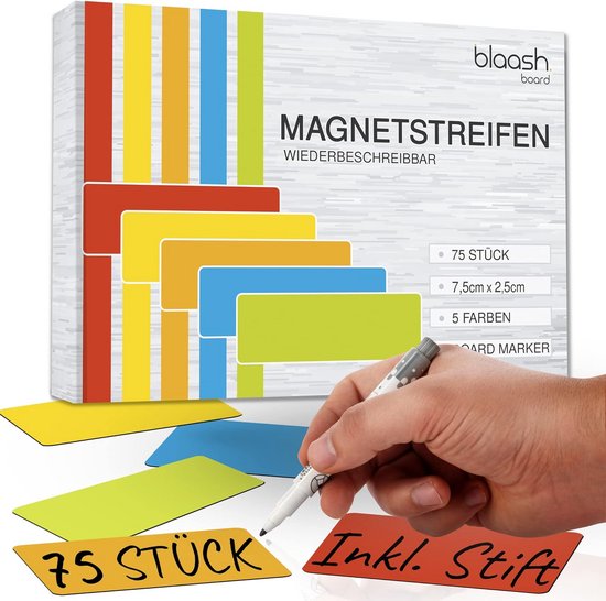 75 Writable Magneetstrips (75x25mm) - Kleurrijk, Inclusief Stift & Gum ...
