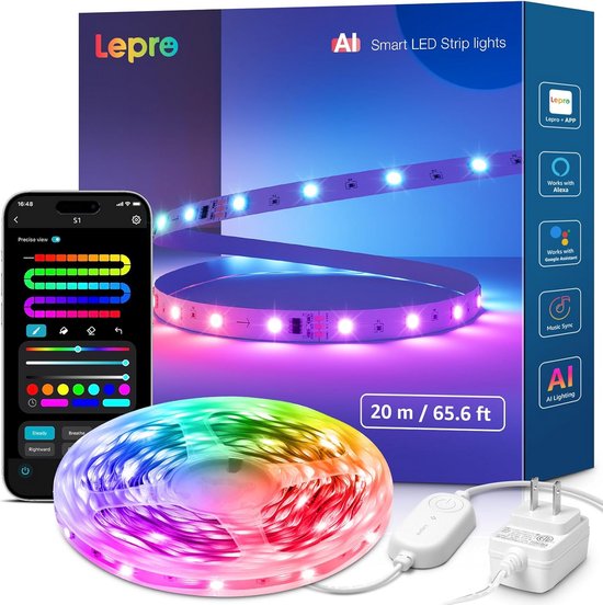 Slimme RGBIC LEDstrip 20 meter met Muziek Sync & AI Lichtassistent ...