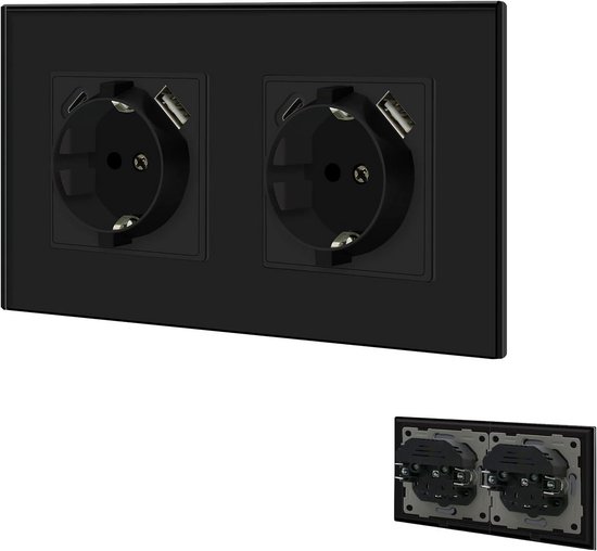 Inbouw Stopcontact met Dubbele USB en Type-C Aansluiting 16A Zwart | bol