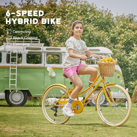 Hybride Stadsfiets voor Kinderen met 6 Versnellingen en Rieten Mand ...
