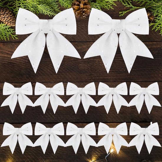 COLOFALLA 12 Pcs Large White Christmas Tree Decorations Bows,Glitter ...
