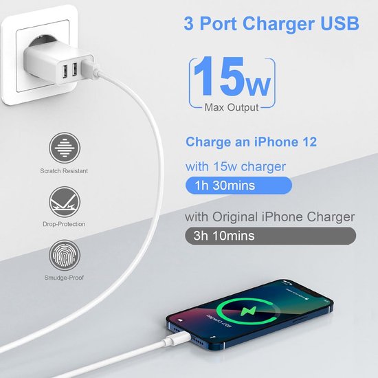 Universele 3-Poorts USB Snellader Adapter 15W - Opladen Meerdere ...