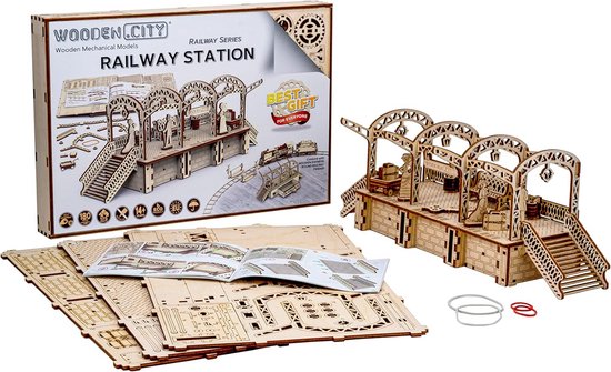 Mechanische 3D Houten Puzzel Model Treinstation met Bewegende ...