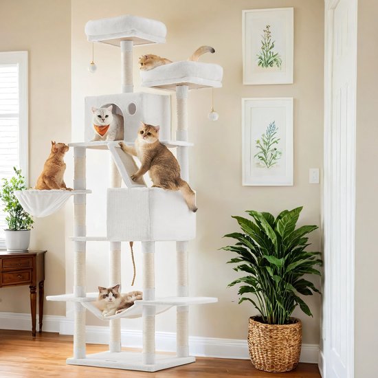 XL Kattentoren – Geperst hout – Crème wit – 13 krabpalen, 2 zitplaatsen ...