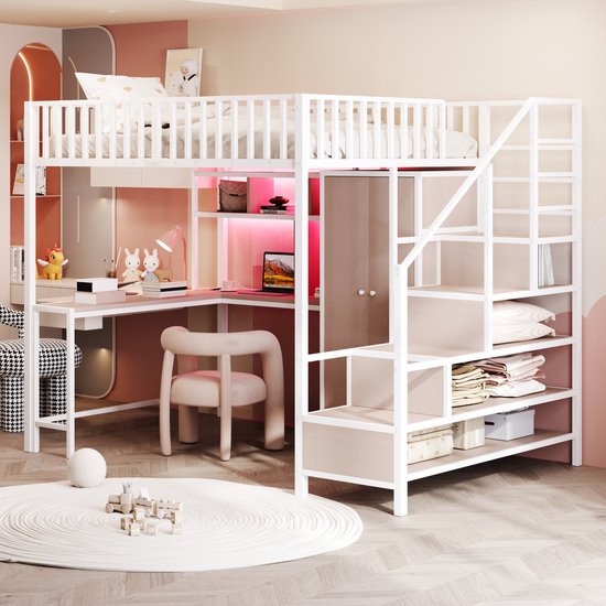 Sweiko Hoogslaper - 140 x 200 cm - Met bureau - Opbergplanken ...