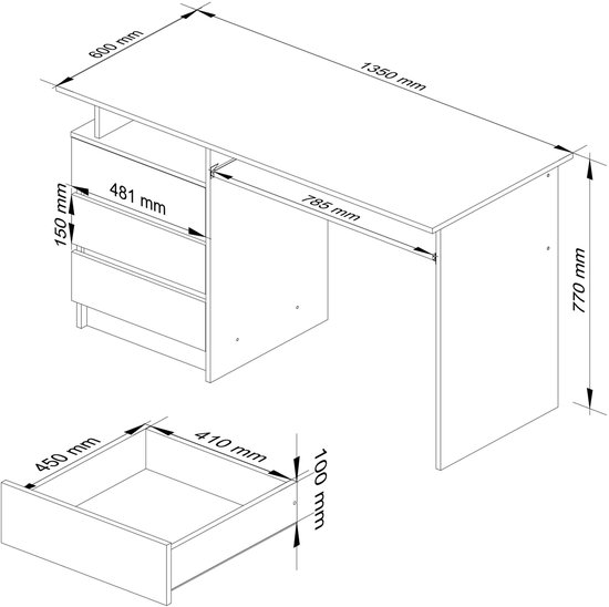Bureau CLP 135 cm met 3 Laden / Computerbureau / Computer Tafel ...