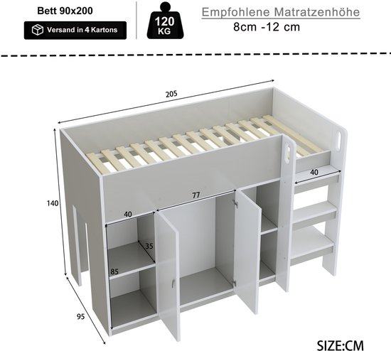 Sweiko Hoogslaper - 90 x 200 cm - Opbergrek - met Kledingkast - Grijs ...