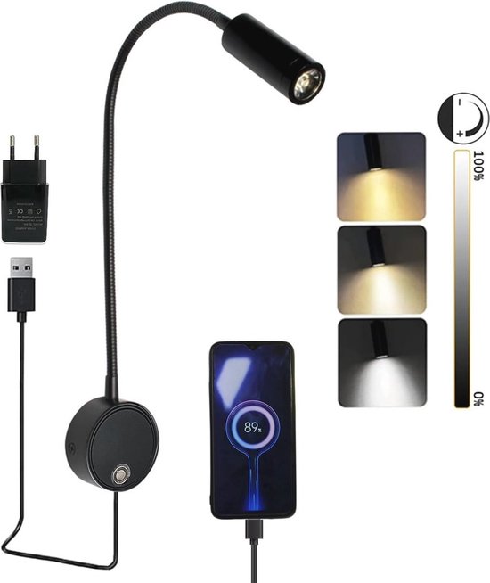 QPFO® Bed leeslamp met touch schakelaar en USB aansluiting - dimbare ...
